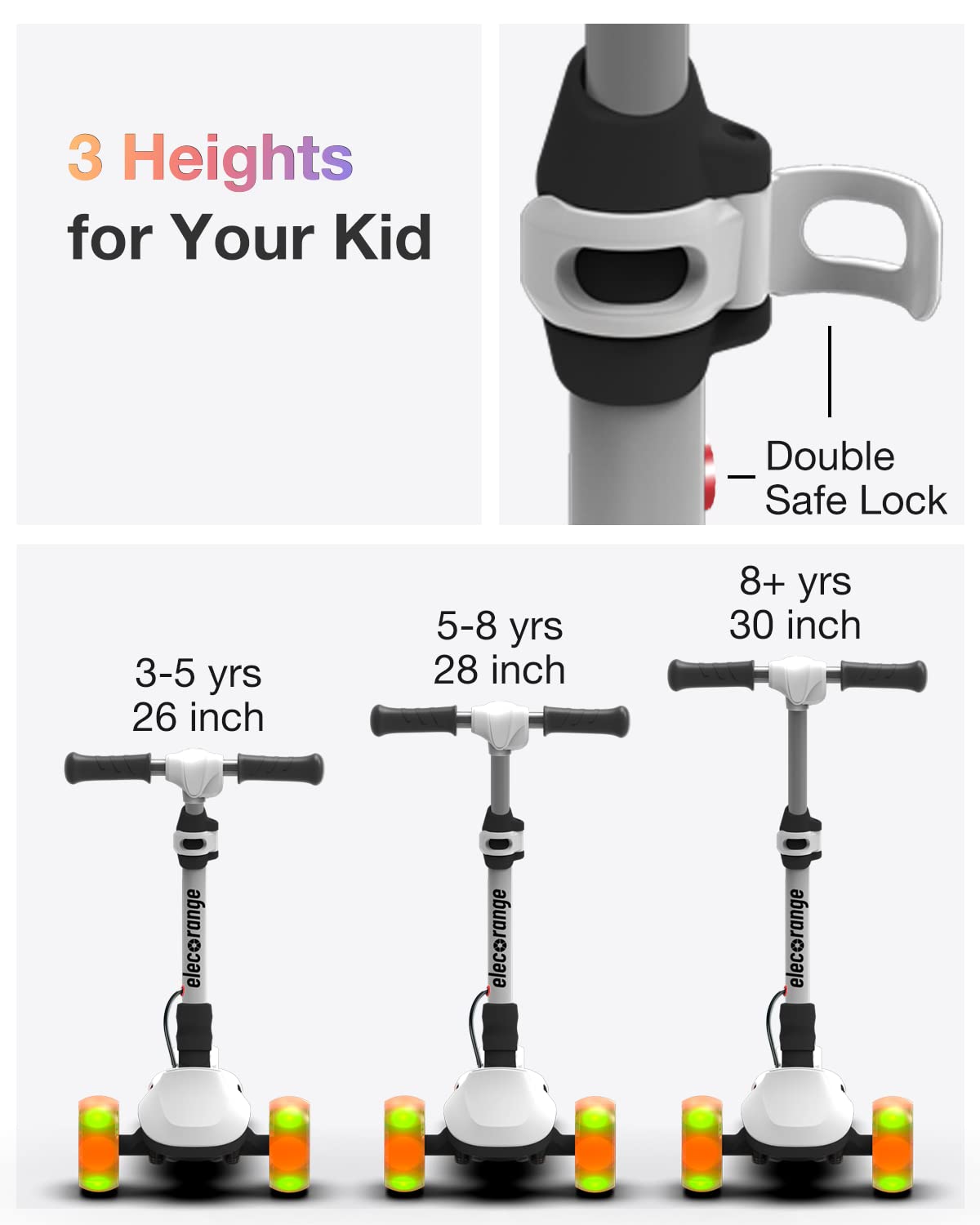 Elecorange 3 Wheel Electric Scooter for Kids, Light Up Deck, Big Flashing Wheels, Thumb Throttle, Adjustable Heights, Foldable, Lightweight, 5mph, Lightweight, Toddler Electric Scooter Ages 5-8, Black