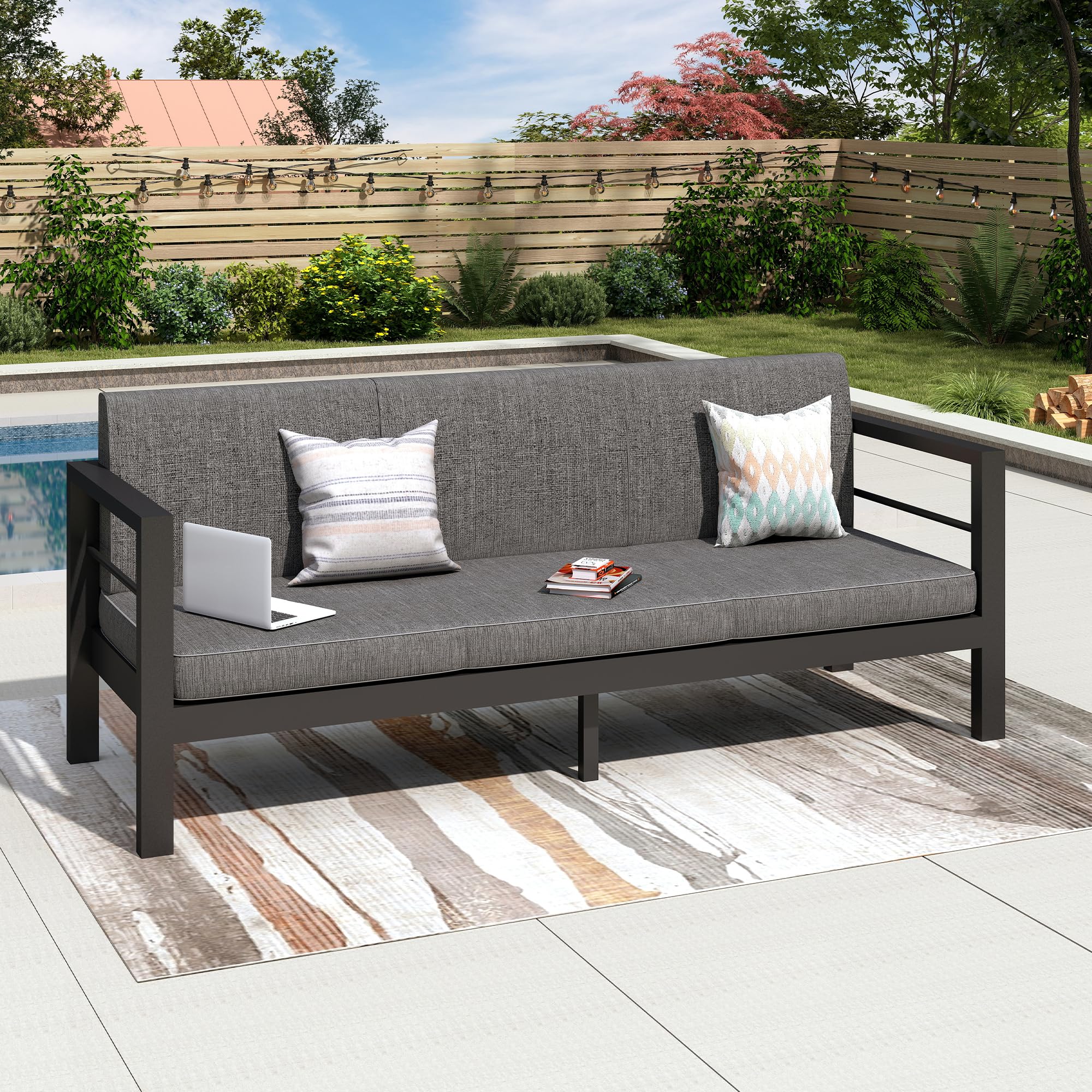 GARTOO Outdoor Aluminum 3 Seat Sofa Chair - Patio Furniture 3 Person Sofa with Waterproof Cushions, Modern Outside Weather Resistant Sofa Seat for Balcony, Garden, Poolside