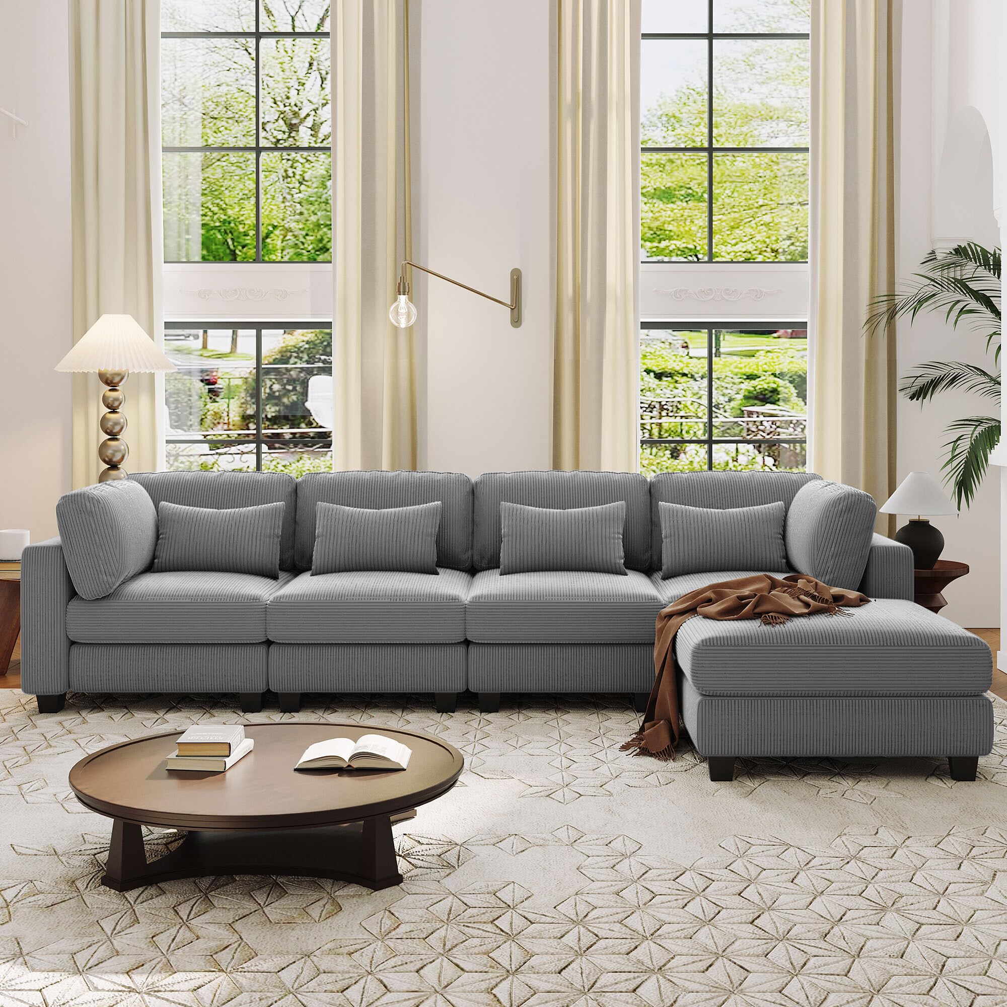 KELRIA 99.6" 5 Pieces L-Shaped Modular Sectional Sofa with Removable Ottomans and Waist Pillows, Modern Corduroy Fabric Upholstered Couch for Living Room, Apartment, Studio, Grey