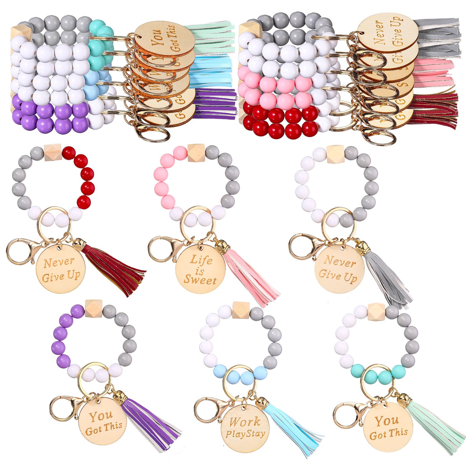 Faccito 12 Pcs Inspirational Keychain Bracelet with Tassel Beaded Motivational Quote Wristlet Key Ring for Graduation Gift(Aesthetic Color)