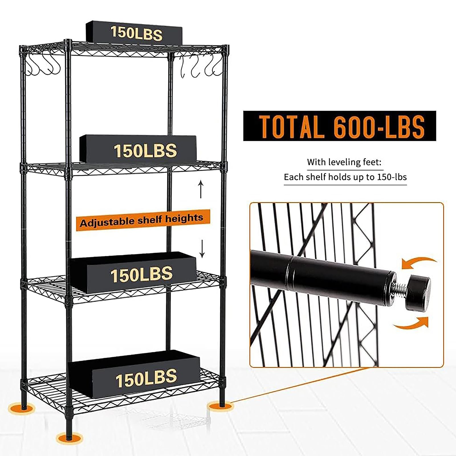 Catalina Creations 4-Shelf Wire Shelving Unit, Metal Storage Shelves, Heavy Duty Shelving with Liners, Adjustable Height Storage Rack for Pantry Closet Kitchen Garage (23.6" W x 14" D x 47" H, Black)