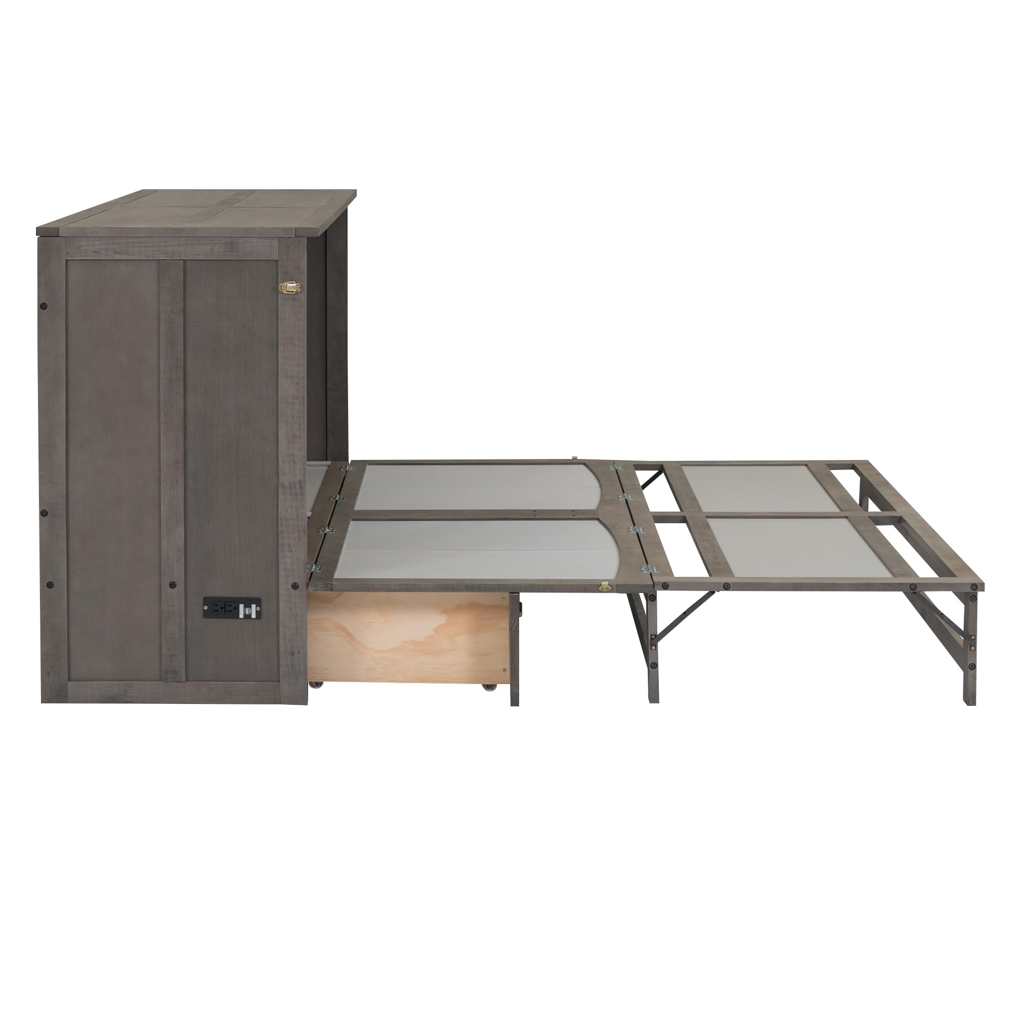 Harper & Bright Designs Murphy Bed Cabinet Queen with Storage Drawer and Charging Station, Wooden Foldable Murphy Chest Bed for Home, Office, Studio or Guest Room, Antique Gray