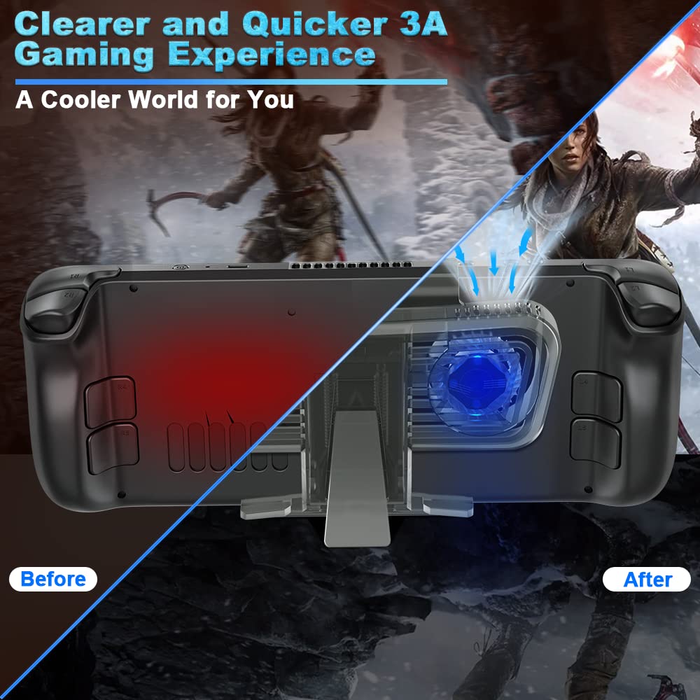 Fan for Steam Deck Fan Cooler with Kickstand for Stream Deck Cooling Fan Accessories with Dual C-Port Adapter, 3-Speed Adjustable, Double Fans, Blue RGB LED