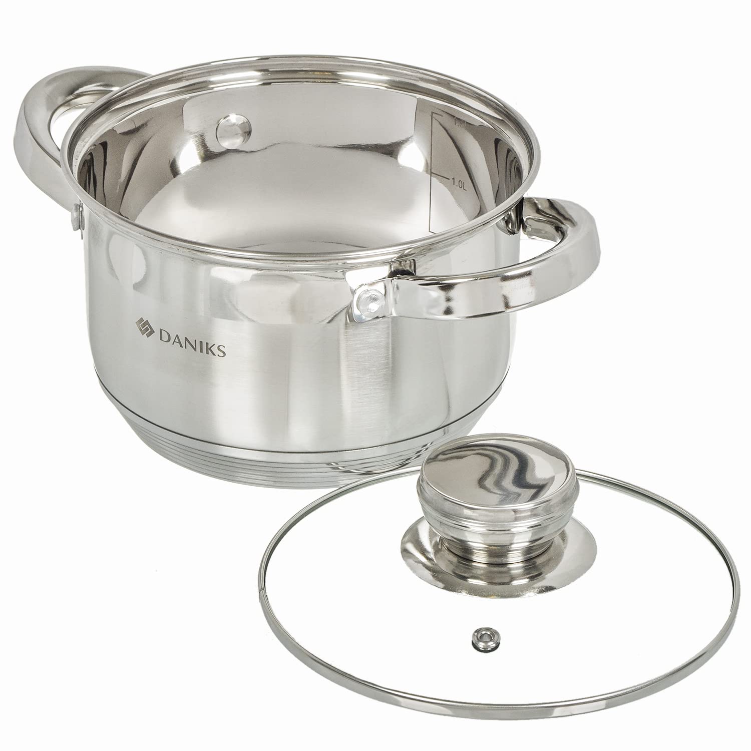 Daniks Standard Stainless Steel Stock Pot with Glass Lid | Induction 2 Quart | Dishwasher Safe Pot | Measuring Scale | Soup Pasta Stew Pot | Silver