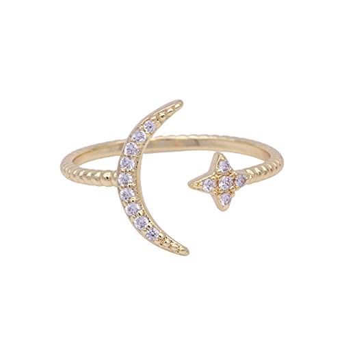 Dainty Crescent Moon Ring Gold Micro Pave Moon Star Jewelry Open Size Adjustable Stackable