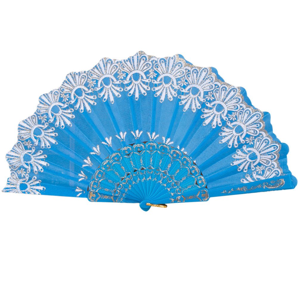 Fan Wedding Chinese/Spanish Flower Held Party Dance Hand Silk Folding Lace Style Tools & Home Improvement Spirit Party Decorations (Sky Blue, One Size)