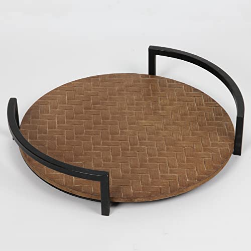 Farmhouse Round Decorative Tray,Wood Serving Tray with Metal Handles, Rustic Ottoman Coffee Table Accent Tray, Centerpieces for Table (Natural Brown)