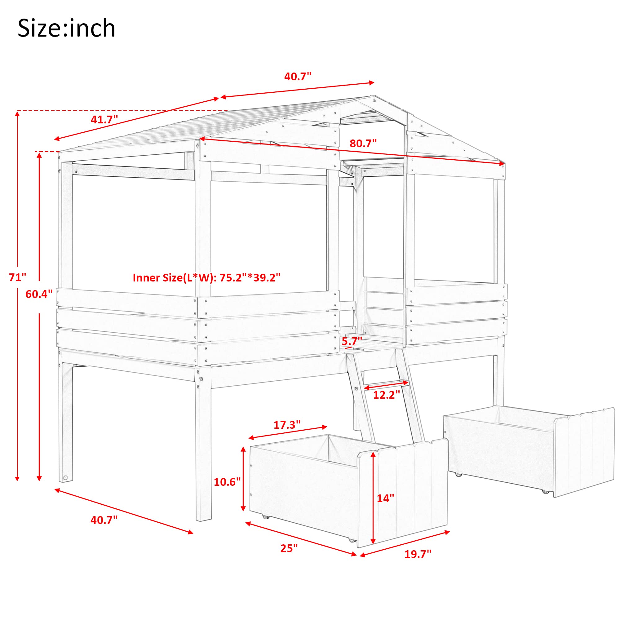 Harper & Bright Designs Low Loft House Bed with Storage, Wood Twin Size Loft Bed Frame with Two Drawers, Ladder, Roof, Windows for Kids Teens, Girls, Boys, No Box Spring Needed (Grey)