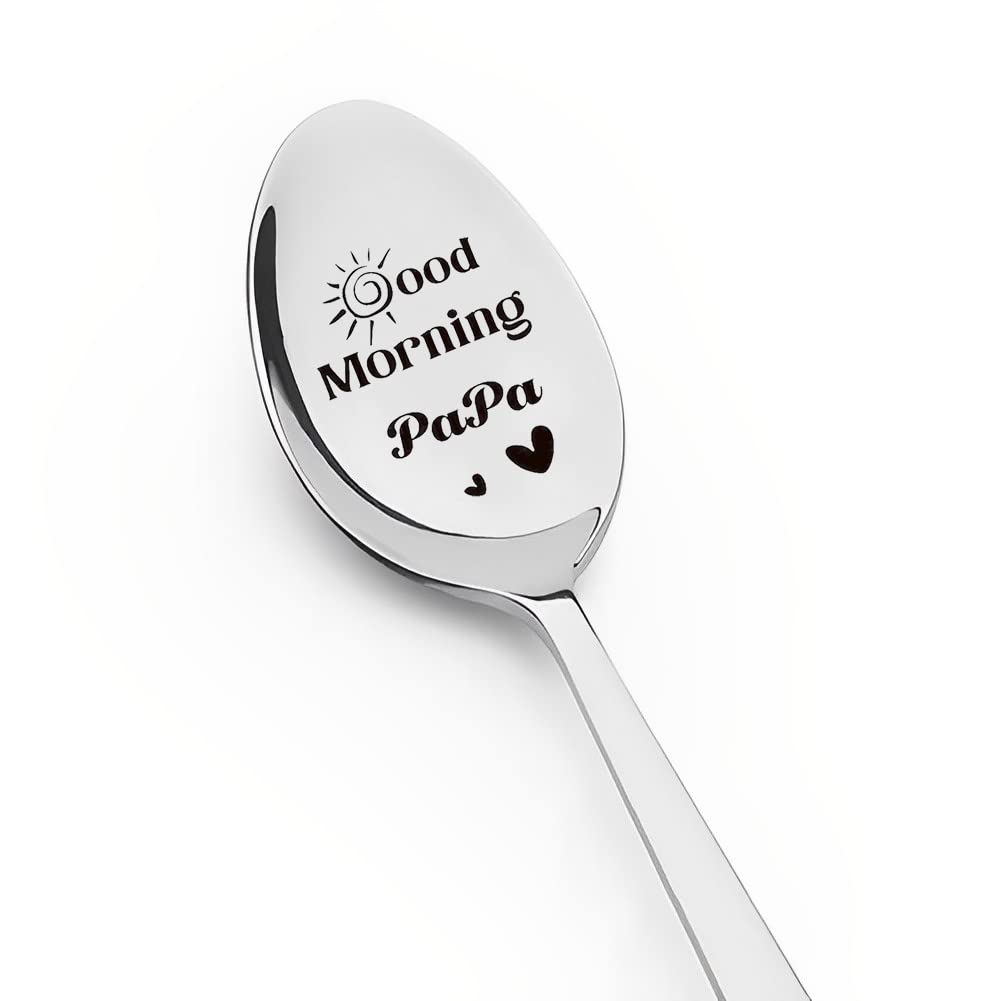 Papa Gifts from Grandchildren Grandaughter Grandson Good Morning Papa Spoon Engraved Papa Birthday Fathers Day Gift for Grandpa Dad Christmas Gifts Papas Coffee Spoon