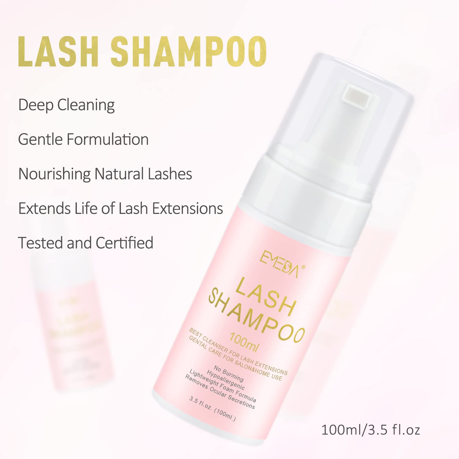 EMEDA Lash Shampoo for Extensions - 100ml Gentle Foam Lash Cleanser, Oil-Free Cleaner for Wash Eyelash Bath with Rinse Bottle Brush