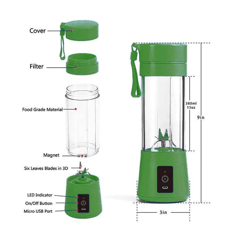 Generic Portable Blender USB Rechargeable Best Personal Blender for Shakes and Smoothies, with 4 Ultra-sharp Blades for Travel, Office & Sports (Green), SMALL