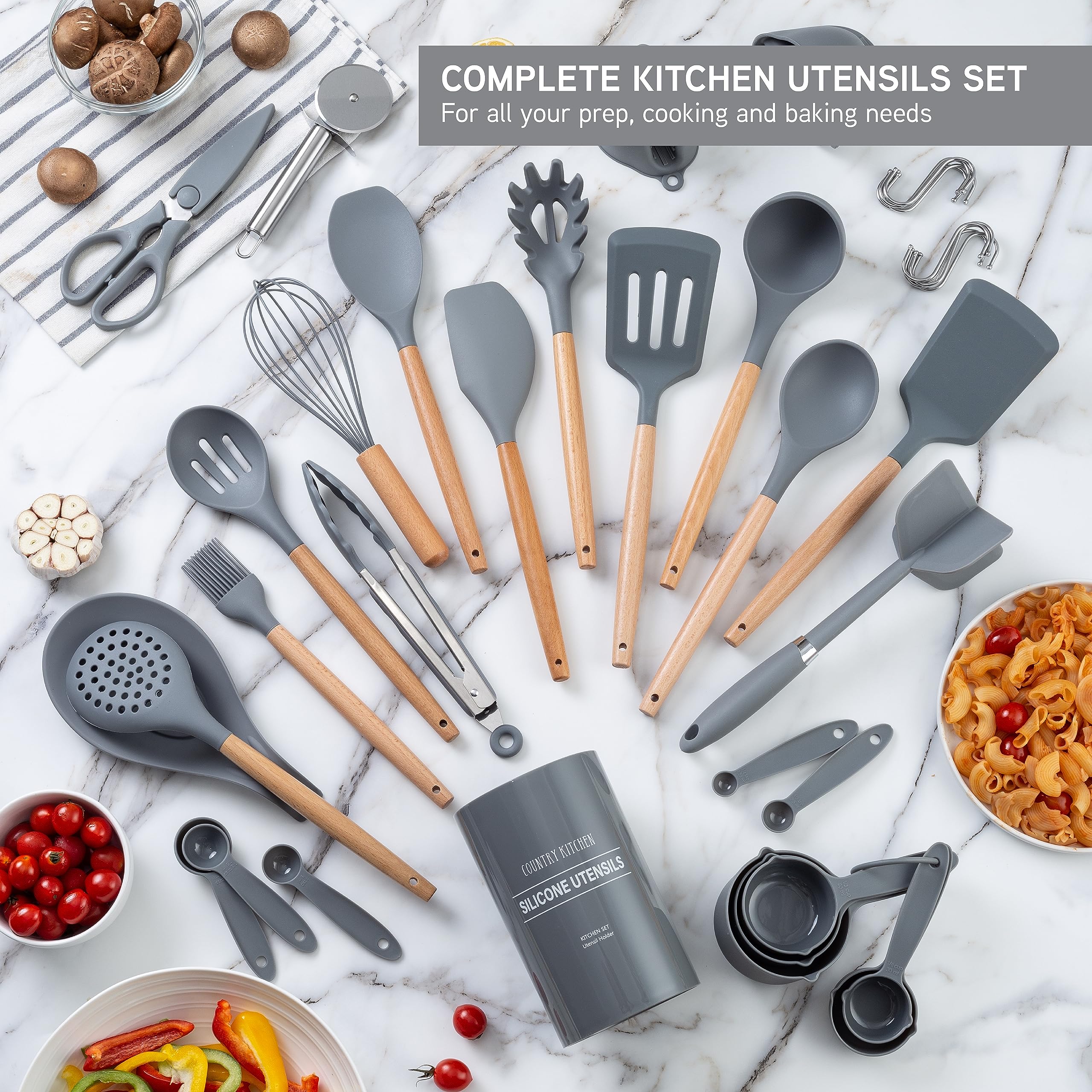 Country Kitchen Cooking Utensils Set - 40 pcs Non-stick Silicone Spatula Set with Holder, Wooden Handles and Heat Resistant Gadgets Utensil