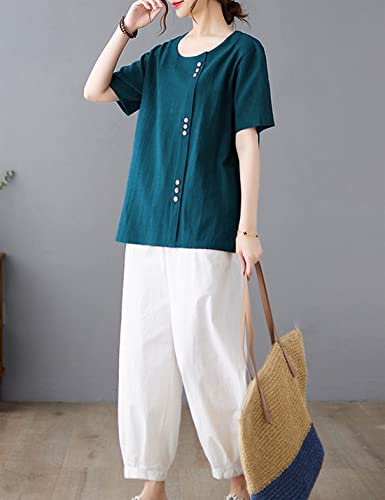 Yeokou Women Cotton Blend Crew Neck Short Sleeve Basic Tunic Tee Shirts Tops Blouse(Teal-XL)