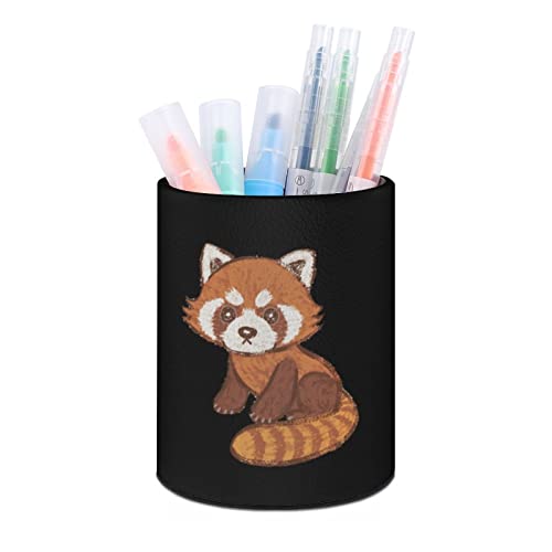 Cartoon Red Panda Pen Holder PU Leather Pencil Cup Cute Desk Organizer Makeup Brush Box for Home Office