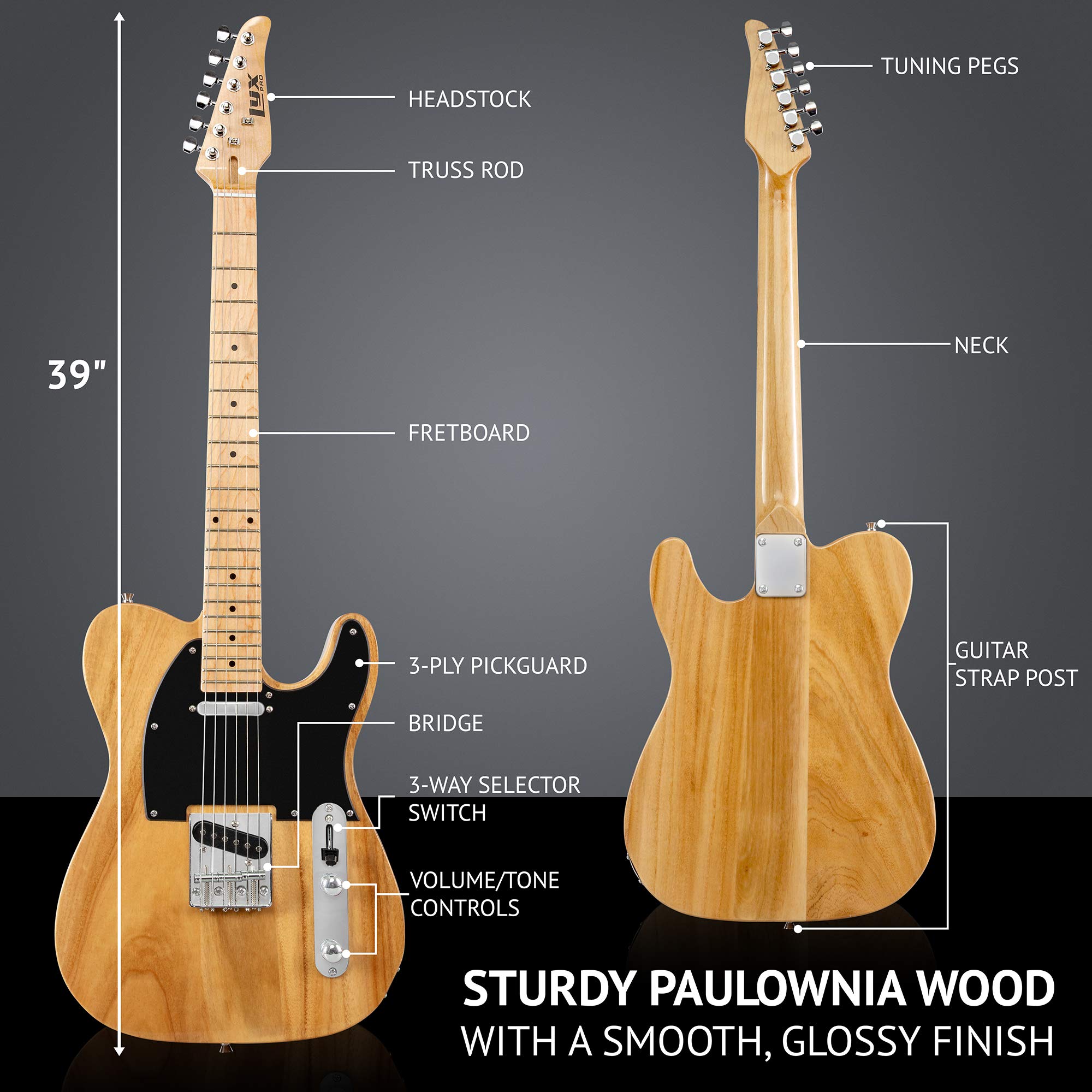 LyxPro 39” Electric Guitar TL Series, Full-Size Paulownia Wood Body, 3-Ply Pickguard, C-Shape Neck, Ashtray Bridge, Quality Gear Tuners, 3-Way Switch & Volume/Tone Controls, 2 Picks Included, Natural