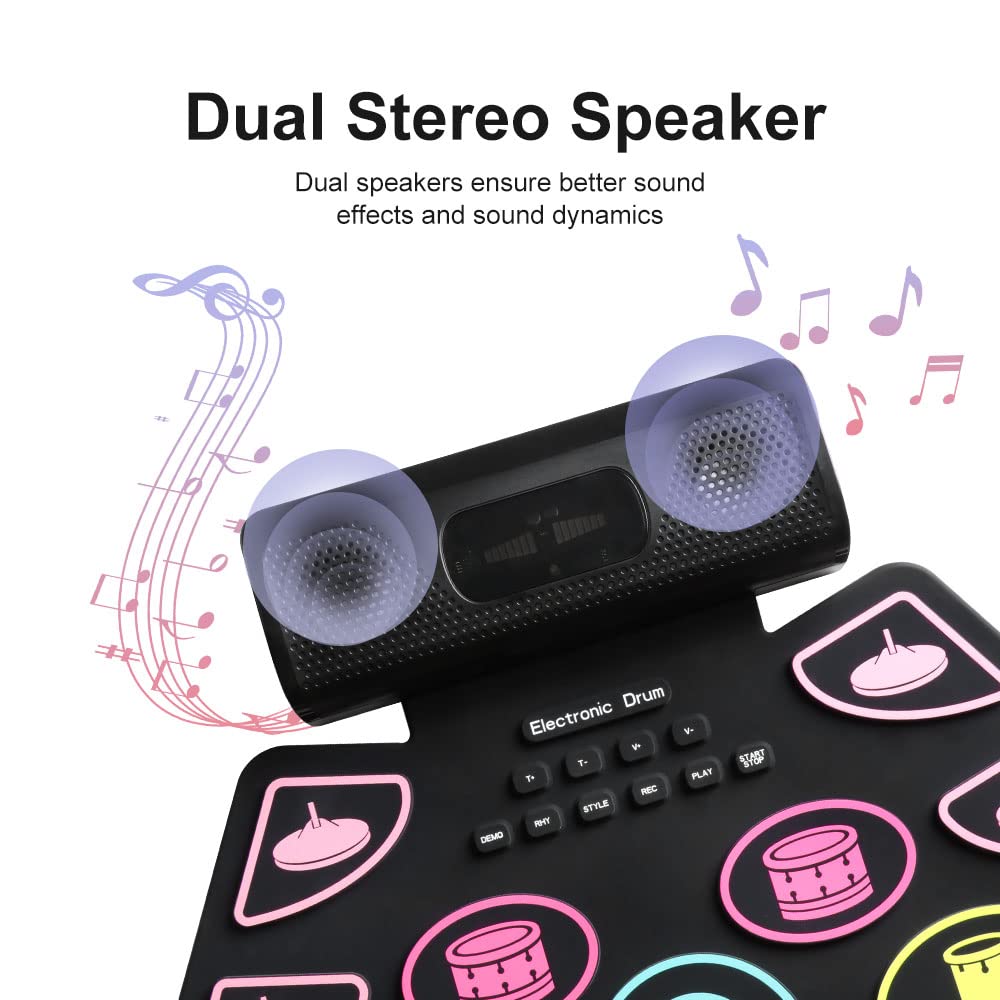 Electronic Drum Set for Kids & Adults, 9 Pads Roll Up Electric Drum Kit,2 Built-in Speaker, Headphone Jack, Portable Digital Midi Practice Drum Pad for Kids Beginners