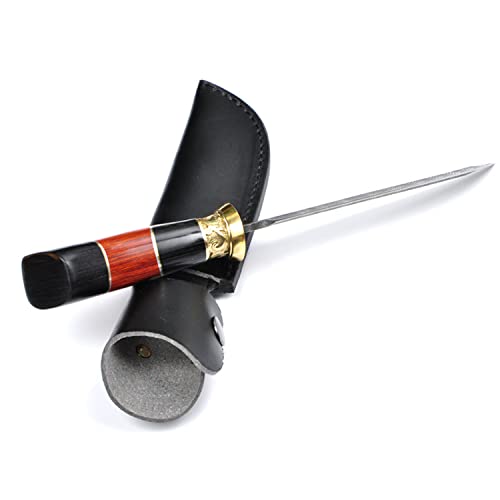 Damascus Steel Straight Knife Fixed Blade Knife with Wood Handle+Sheath for Outdoor Survival, Hunting,Camping,Fishing