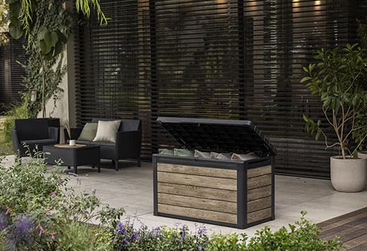 Keter Ashwood 100 Gallon Resin Deck Box Organization and Storage for Patio Furniture Outdoor Cushions, Throw Pillows, Garden Tools and Pool Toys, Brown