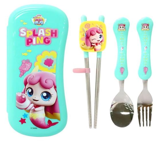 Generic TNB Teenieping Character Dinnerware Set with Case, Cutlery Set, Fork, Spoon, Tableware, Training Chopsticks for Beginners with Silicone Rings (Splashping), m, Pink, blue, purple