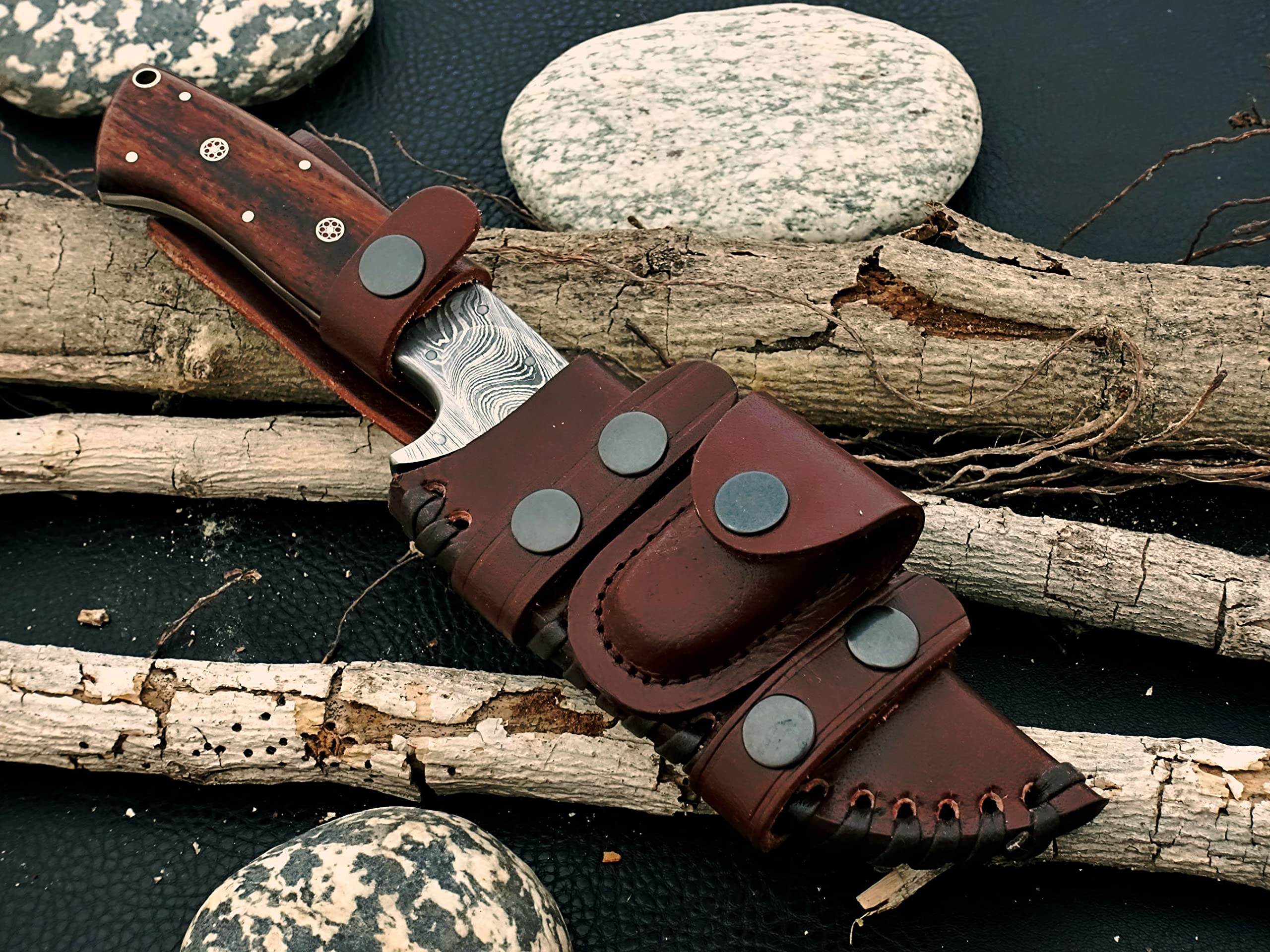 Damascus Steel Hunting Knife Fixed blade knife Damascus Bolster Walnut Wood Handle Mosaic Pin, Bush craft, Outdoor Camping, with Cowhide Leather Sheath β BW-4144