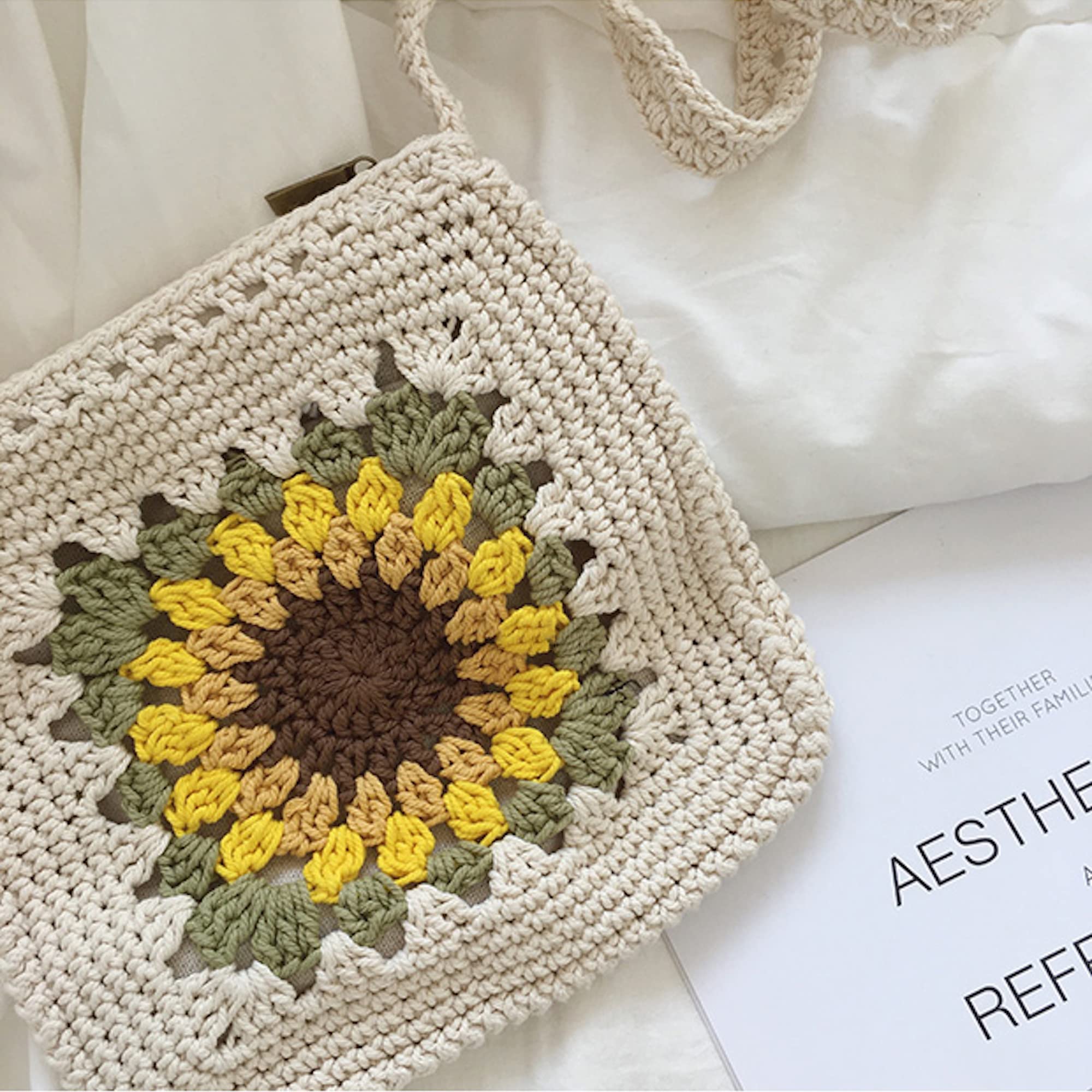 Elena Handbags Handmade Crochet Cotton Sunflower Shoulder Bag (White)