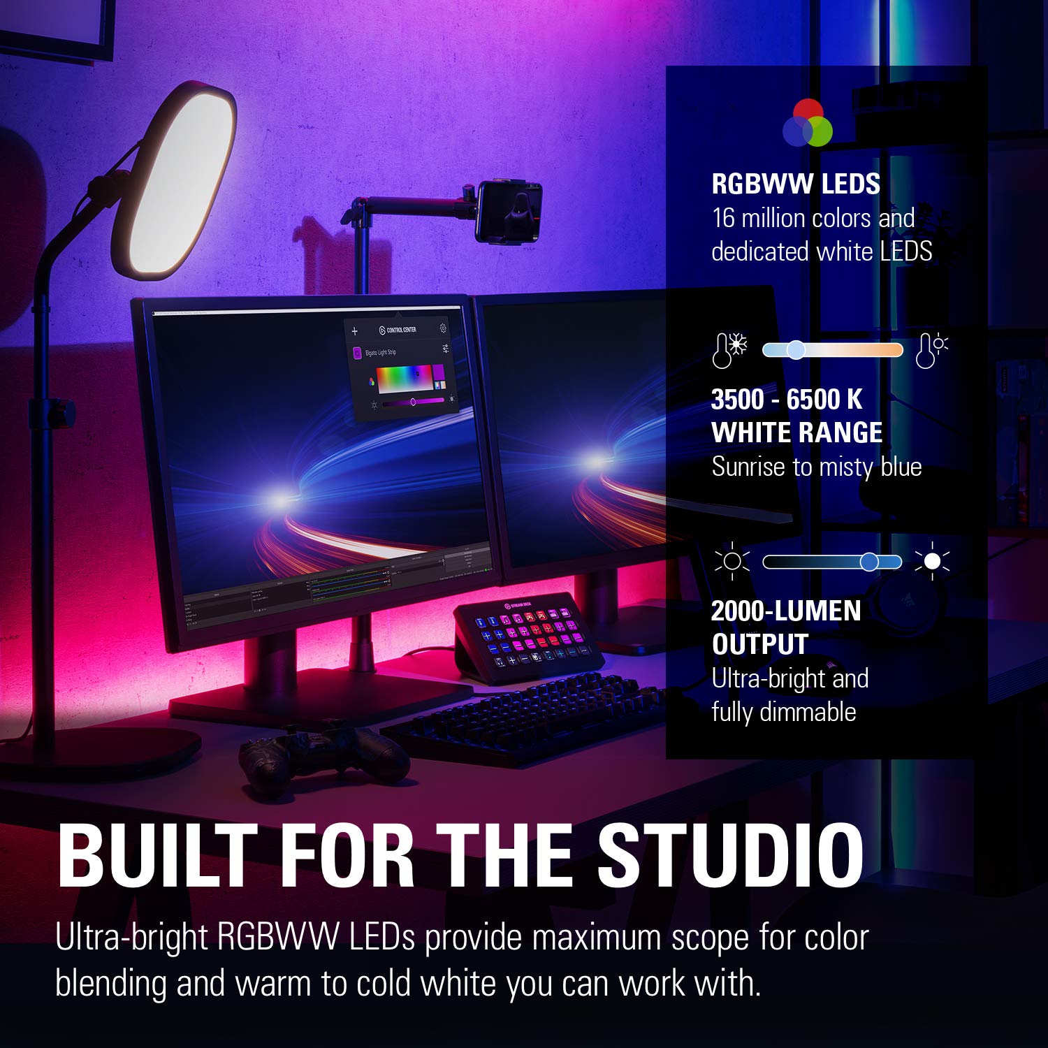 Elgato Light Strip Full Set - Smart Light with RGBWW LEDs including Warm/Cold White, App-Control iOS/Android, PC/Mac, perfect for Gaming, Streaming and Home Setups, Extend and Customise up to 10m