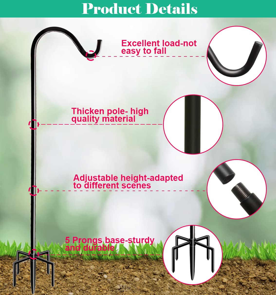Fandature 76 Inch Tall Outdoor Shepherds Hook with 5 Prong Base, Adjustable Bird Feeder Pole Hanger for Hanging Outside Birdfeeders, Plant Baskets, Lanterns, Wedding Decor