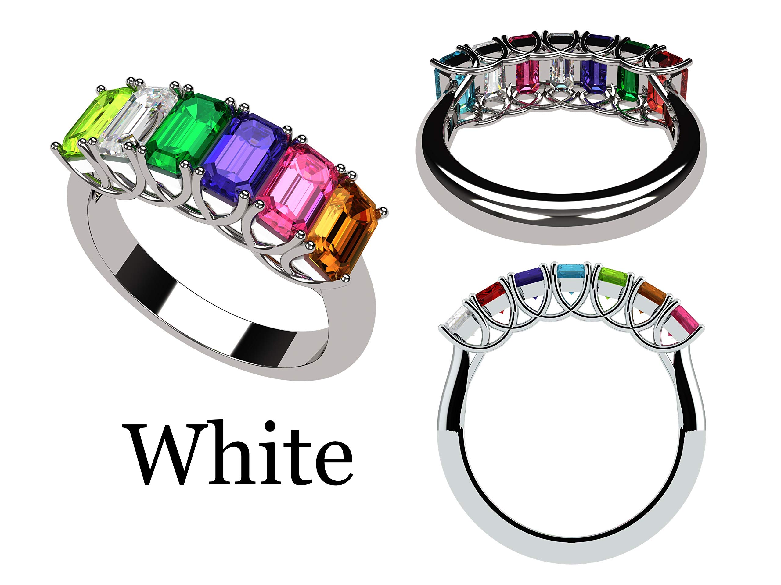 Central Diamond Center Emerald Cut Lucita Mothers Birthstone Ring w/ 1 to 7 Simulated Birthstones - Sterling Silver-Size 11