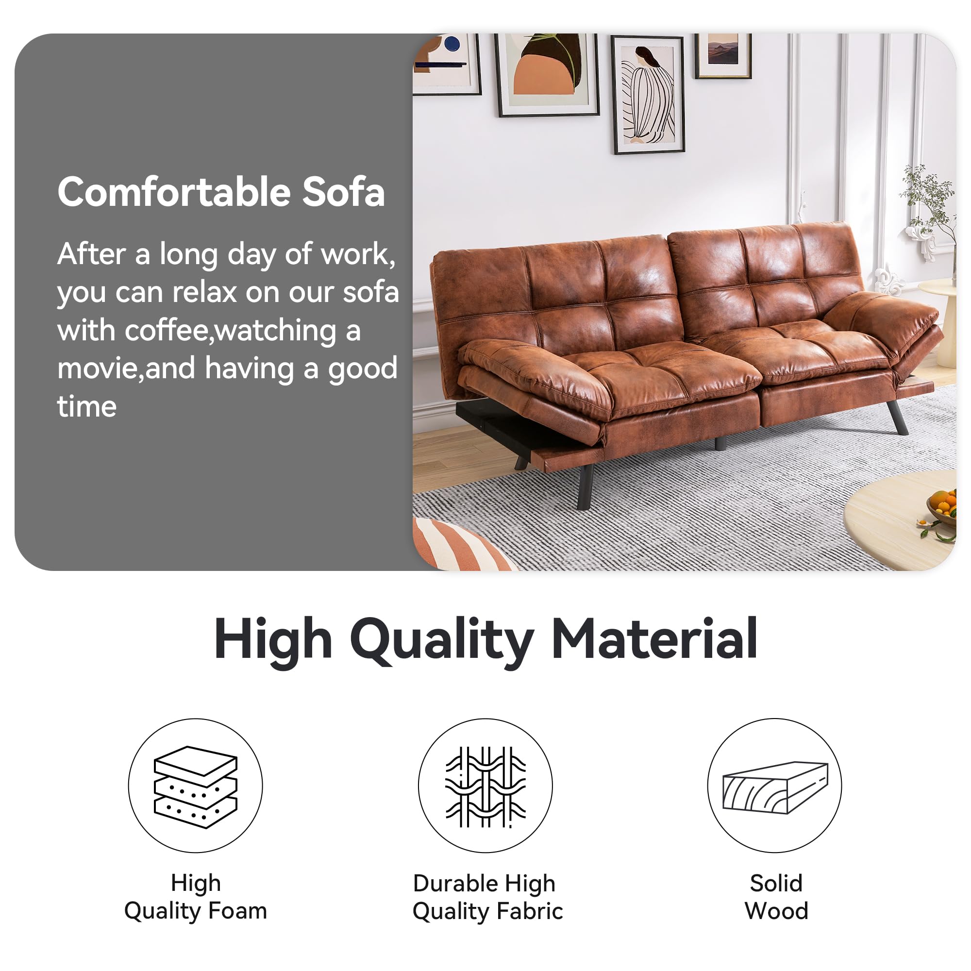 Hcore Futon Sofa Bed, Convertible Futon Couch with Memory Foam, Fuax Leather Sleeper Sofa Couches for Living Room, Apartment,Bedroom, Brown