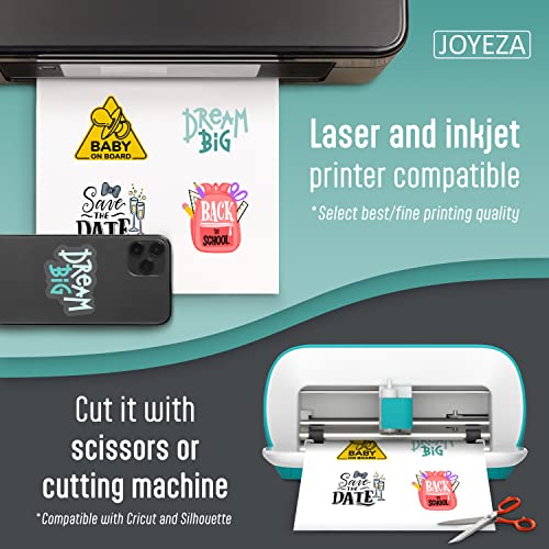 JOYEZA Premium Printable Vinyl Clear Sticker Paper for Inkjet Printer - 25 Sheets Translucent Waterproof, Dries Quickly Vivid Colors, Holds Ink well - Inkjet & Laser Printer