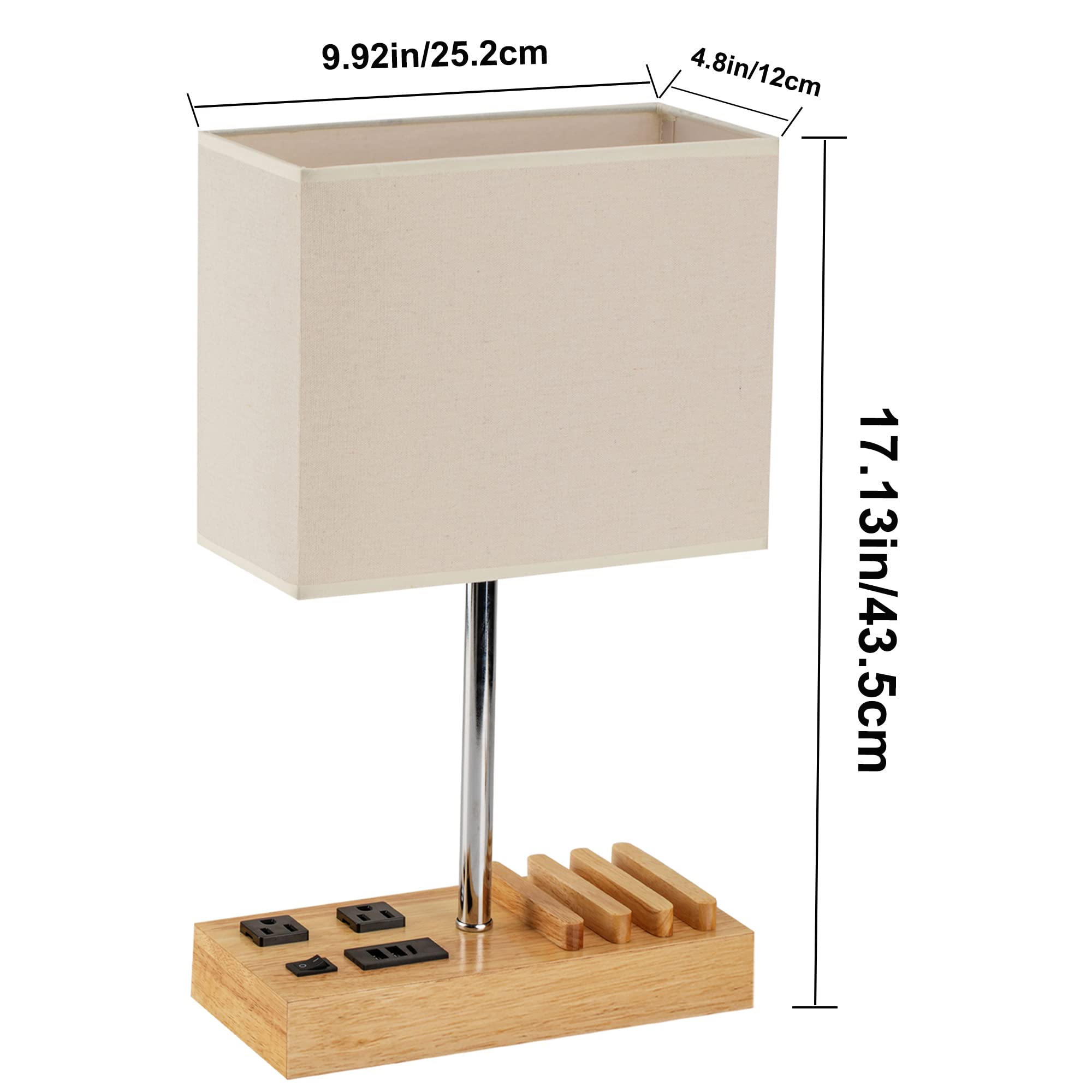 Dreamholder Desk Lamp with 3 USB Charging Ports, Table Lamp with 2AC Outlets and 3 Phone Stands, Nightstand Bedside Lamp with Natural Wooden Base and Cream Linen Shade
