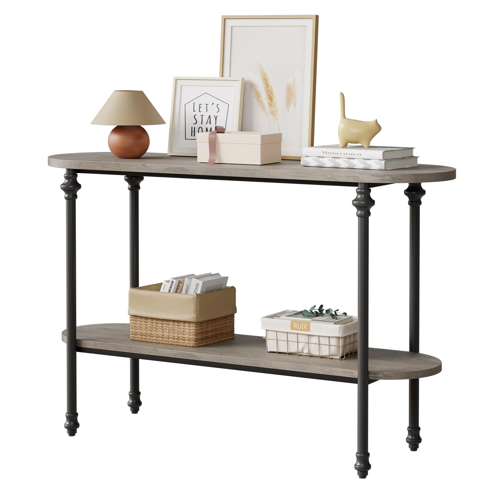 GarveeHome Entryway Table, 43.3" Long Console Table with Storage, 2 Tier Wood Console Table with Metal Frame and MDF, Sofa Tables Behind Couch, Hallway Table for Foyer-Grey