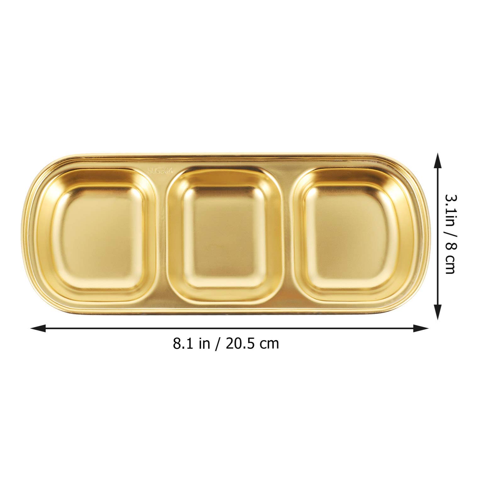 DOITOOL 2Pcs Stainless Steel Dipping Sauce Dishes, 3 Compartment Soy Sauce Dipping Bowls, Sushi Dipping Bowl Appetizer Plates Serving Dish for Soy Sauce, Ketchup, BBQ Sauce or Seasoning (Gold)