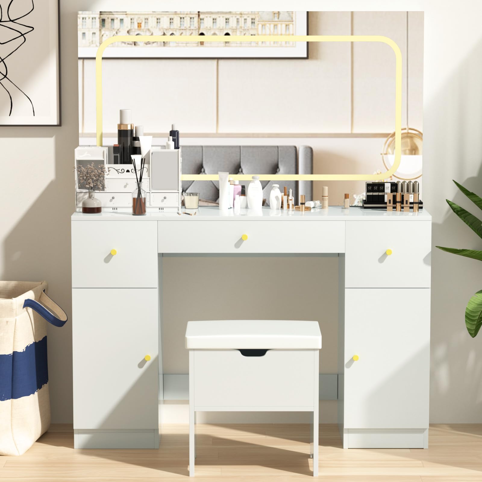 ClouDDwell Vanity Desk Set with LED Lighted Mirror & Charging Station, 3 Drawers & 2 Cabnits Makeup Vanities Dressing Table with Stool, for Bedroom, White