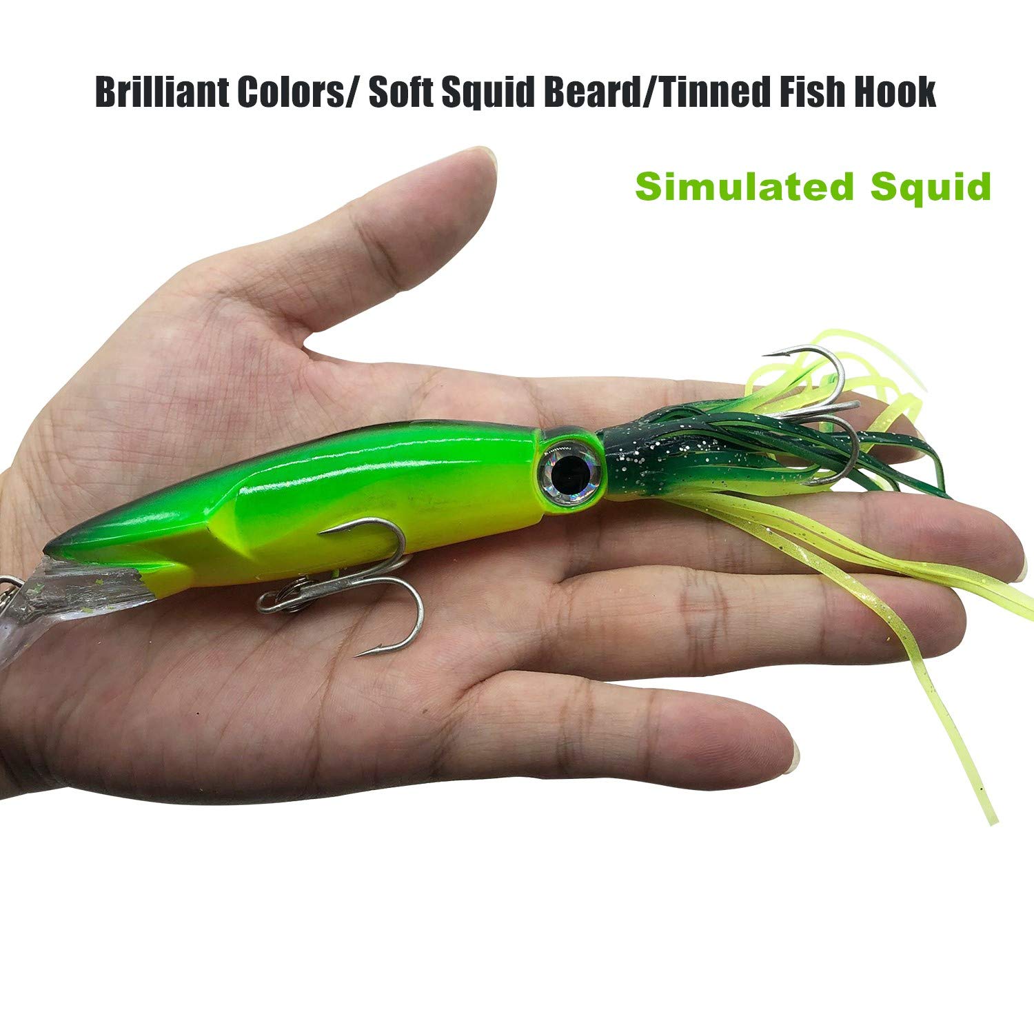 DAMIDEL 4 Pcs Large Simulation Squid Fishing Lures Bait Kit, Over 5.5 in/ 43g, 3D Holographic Eyes,Built-in Multicolored Lead BlocksThrough Heavy Duty ,Stable and Tempting