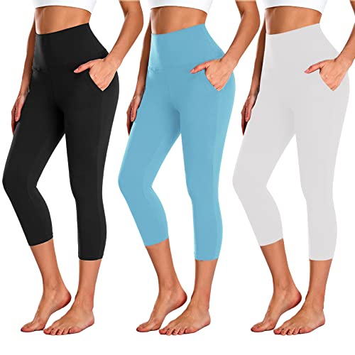 NEW YOUNG 3 Pack Capri Leggings for Women with Pockets-High Waisted Tummy Control Black Workout Gym Yoga Pants