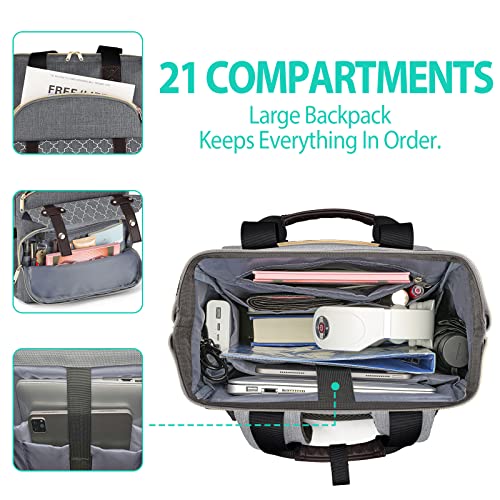 Kuosdaz Travel Backpack for Women Men, Large Wide Open Womens Backpack for Work, Water Resistant Collage Backpack with USB Port, 17.3 Inch School Bookbag Computer Bag for Doctor Teacher Nurse, Grey