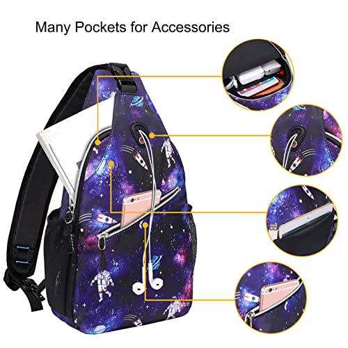 MOSISO Sling Backpack,Travel Hiking Daypack Pattern Rope Crossbody Shoulder Bag, Flamingo&Spacewalking Astronauts