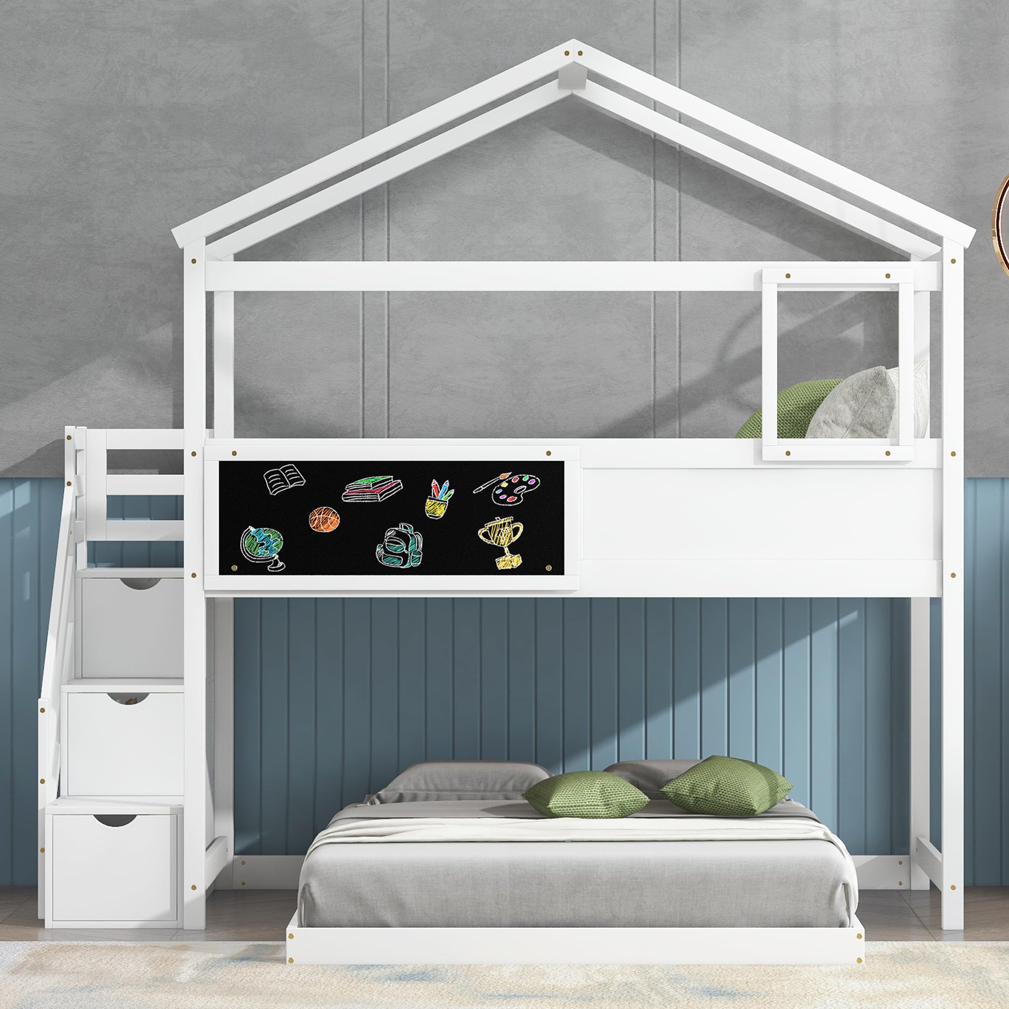 Harper & Bright Designs Twin Over Full House Bunk Bed with Stairs and Blackboard, Wood Floor Bunk Bed Frame with Storage Staircase, for Kids Teens (White)