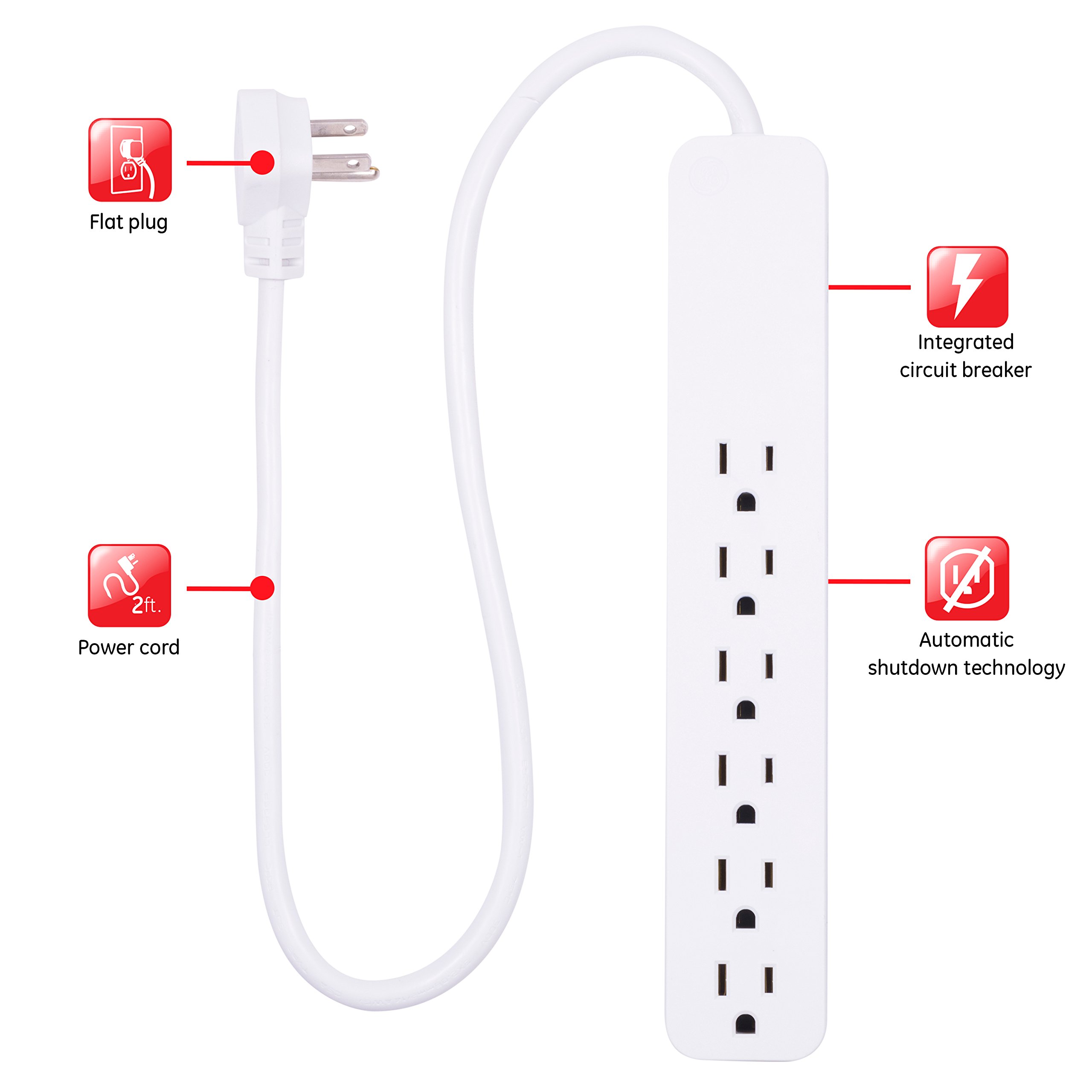 GE Power Strip Surge Protector, 6 Outlets, Flat Plug, 2ft Power Cord, Wall Mount, White, 40532 & Designer 1 Ft. Power Strip, 3 Grounded Outlets, Flat Plug, Mini Cord, Premium, White, 45190