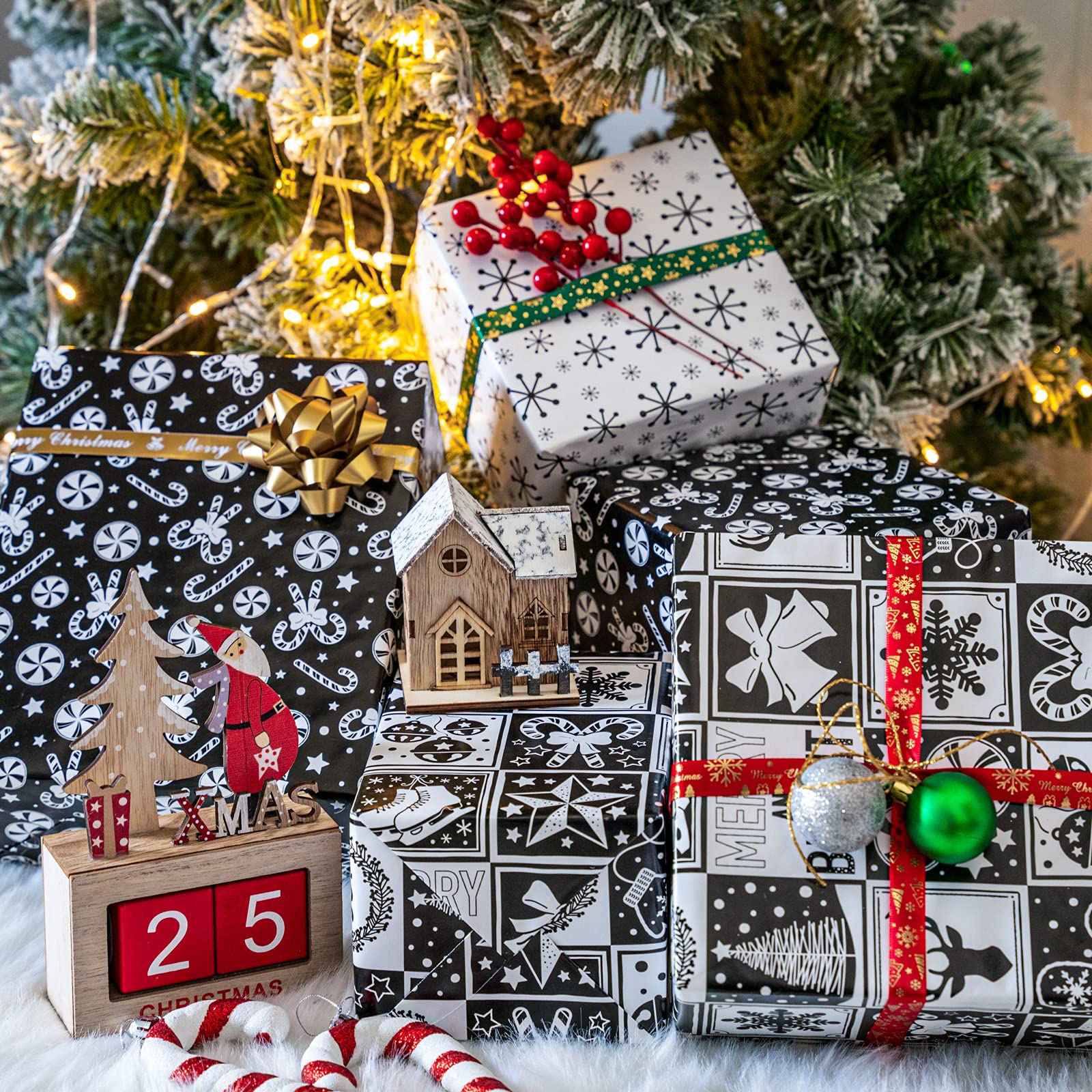 LeZakaa Christmas Wrapping Paper Mini Roll - Bell & Tree/Candy Canes/Snowflakes in Black & White for Gift Wrap, Arts Crafts - 17 x 120 inches - 3 Rolls (42.5 sq.ft.ttl.)