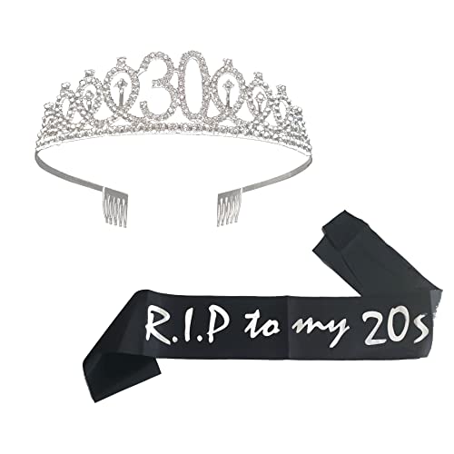 Joyiou 30th Birthday Sash and Tiara Set, Funny 30th Birthday Gift for Women, RIP to My 20s Sash, 30 Years Old Birthday Party Decorations, Death to My Youth Party Supplies Favor Supplies