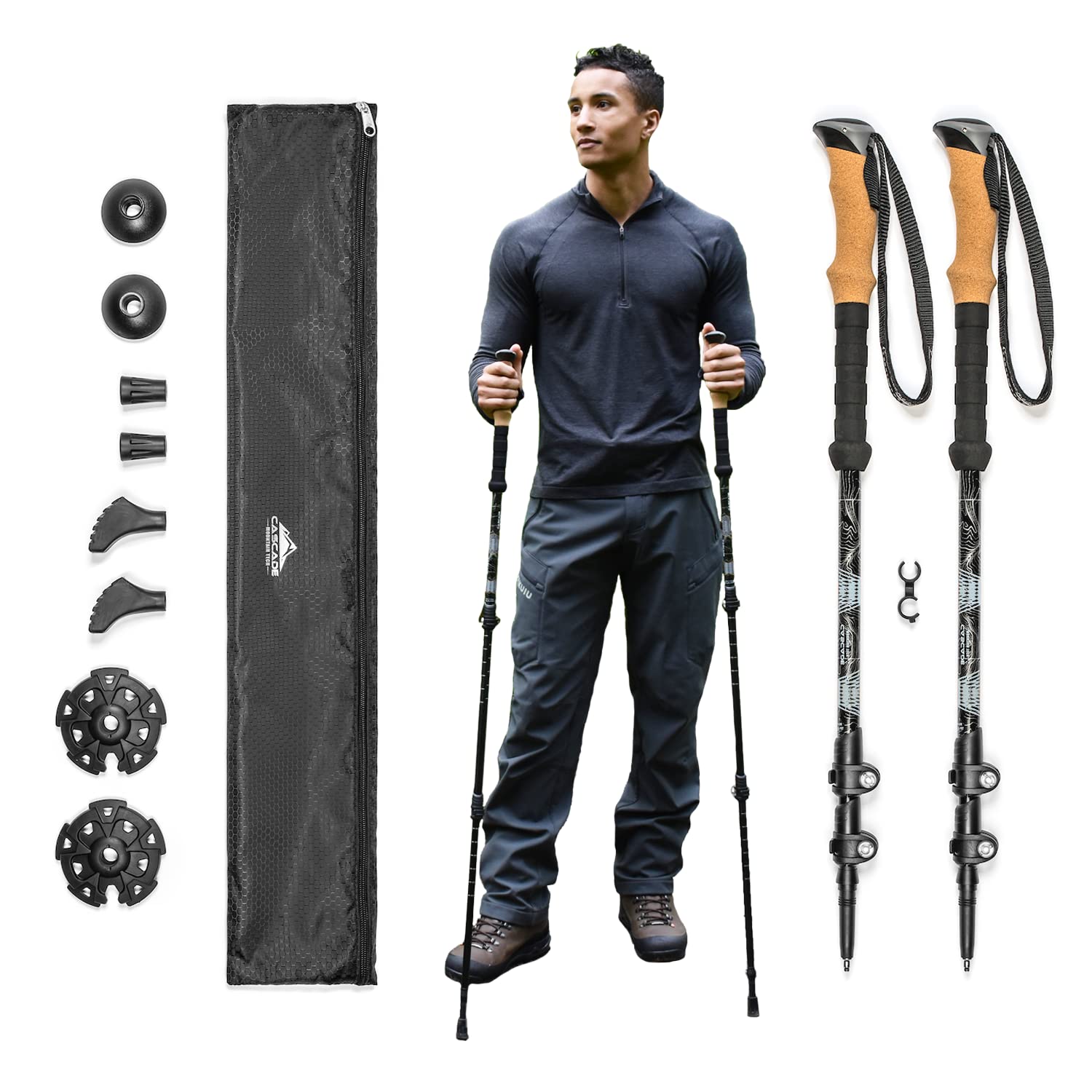 Cascade Mountain Tech Lightweight Aircraft-Grade Aluminum Trekking Poles with Extended Down Grip Plus Tip Kit, 2 Count (Pack of 1)
