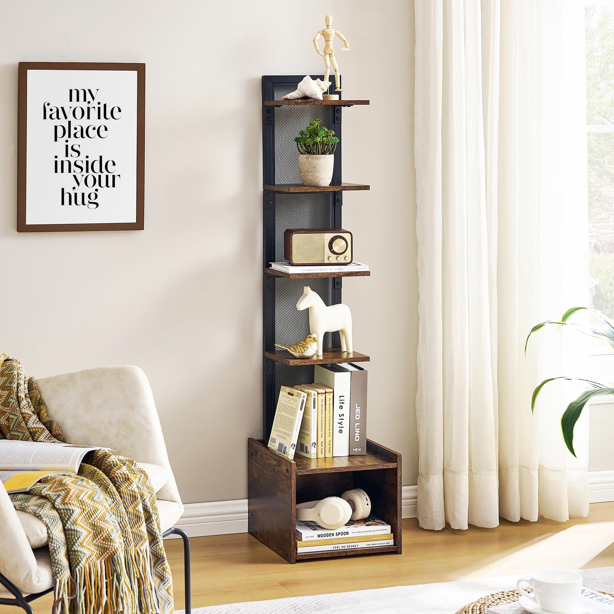 Gewudraw Bookshelf, Spine Display Shelf, Tall Thin Bookcase with 6 Storage Shelves, Narrow Storage Rack Shelving Unit with Drawer, Steel Frame, Rustic Brown and Black
