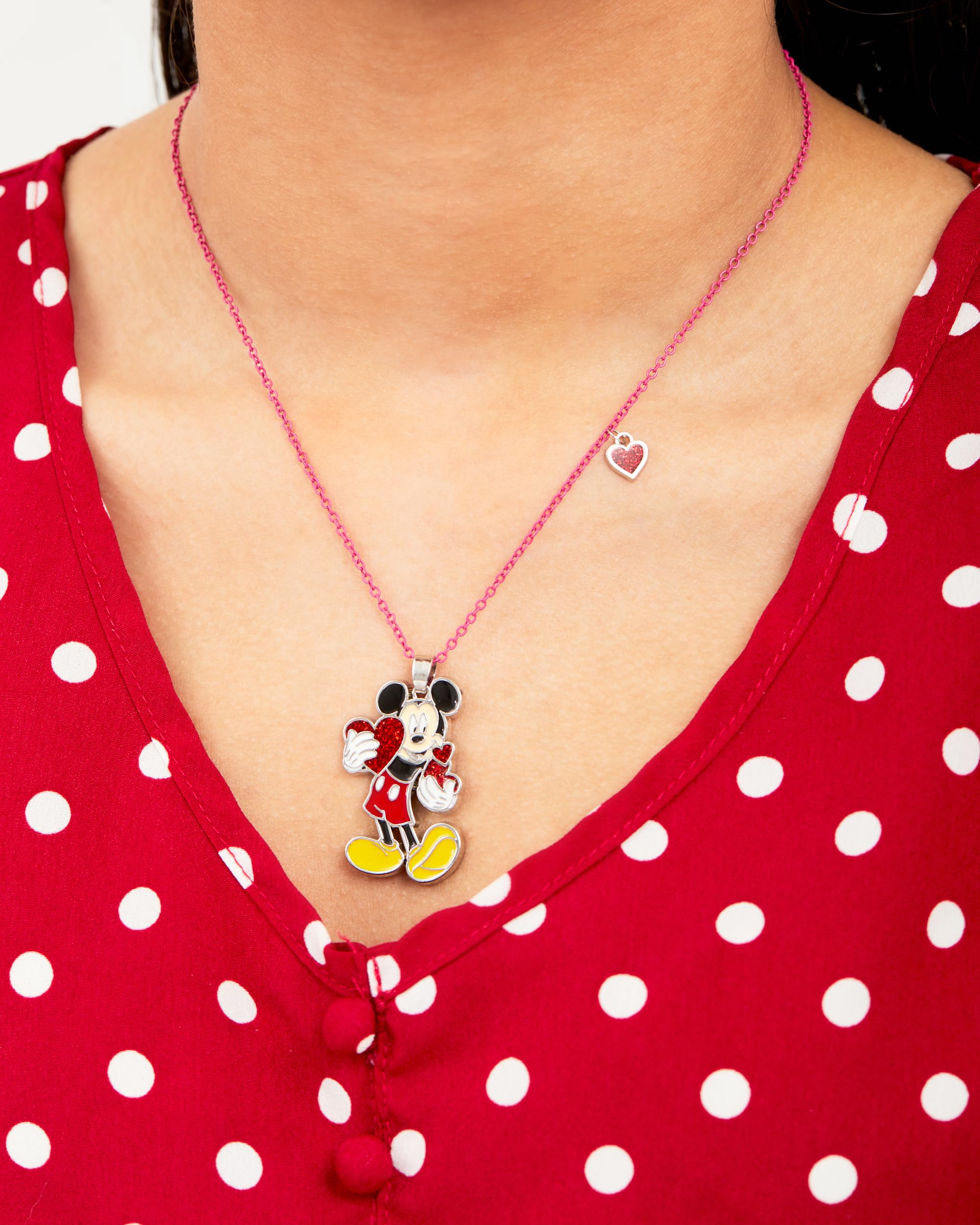 Disney Womens Mickey Mouse Necklace 16" + 2" - Red Chain Necklace with Red Heart Charm and Mickey Mouse Pendant - Mickey Mouse Gifts