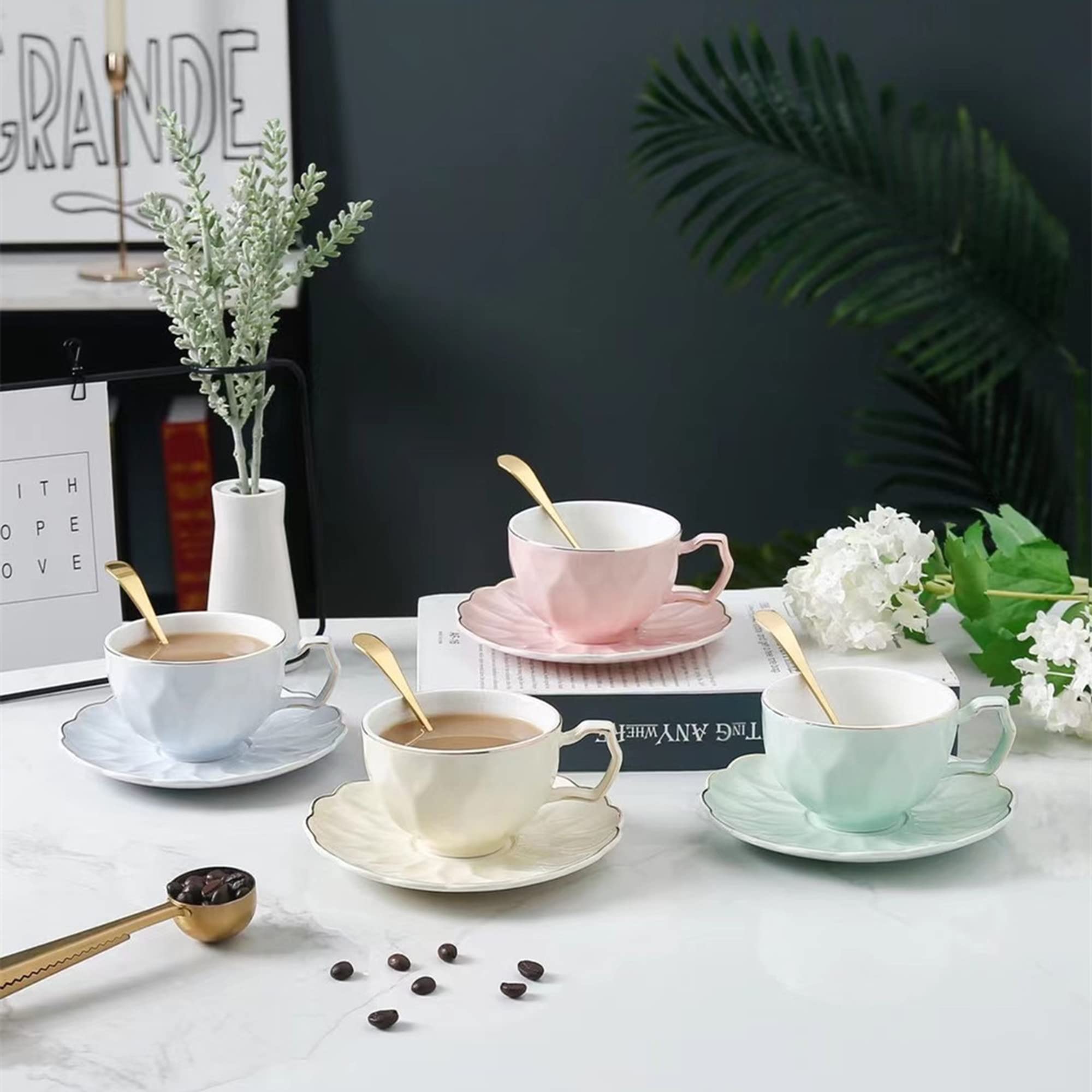 fanquare 3 Piece Porcelain Cup and Saucer Set with Spoon, Vintage Pink Coffee Cup for Latte, Mocha, 7 Ounce