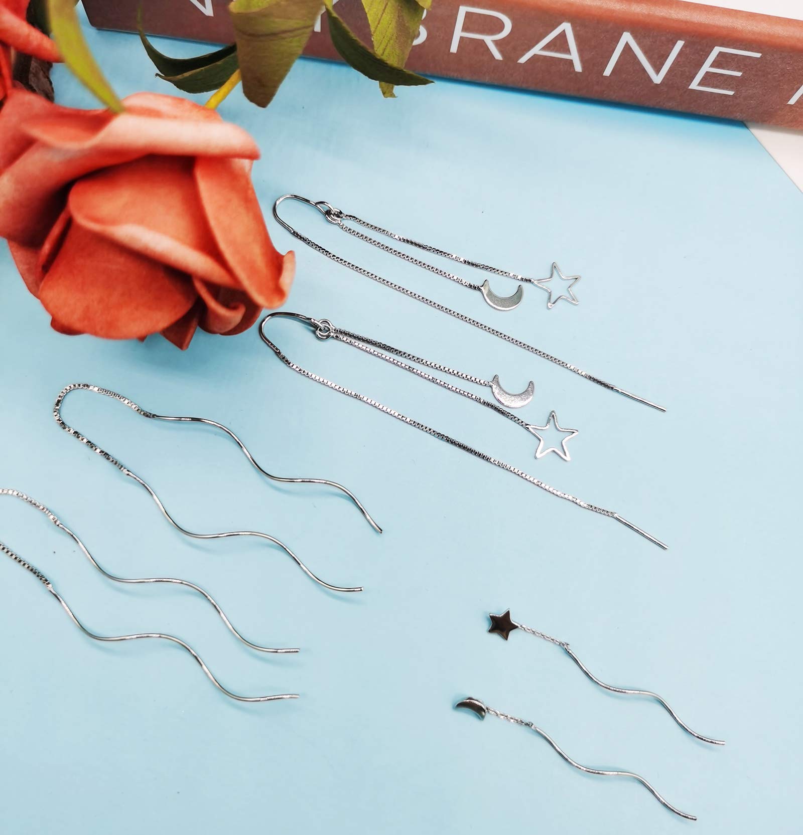 CASDAN 8 Pairs Silver Plated Long Chain Tassel Earrings for Women Lightweight Ball Drop Dangle Moon Star Tassel Threader Earrings