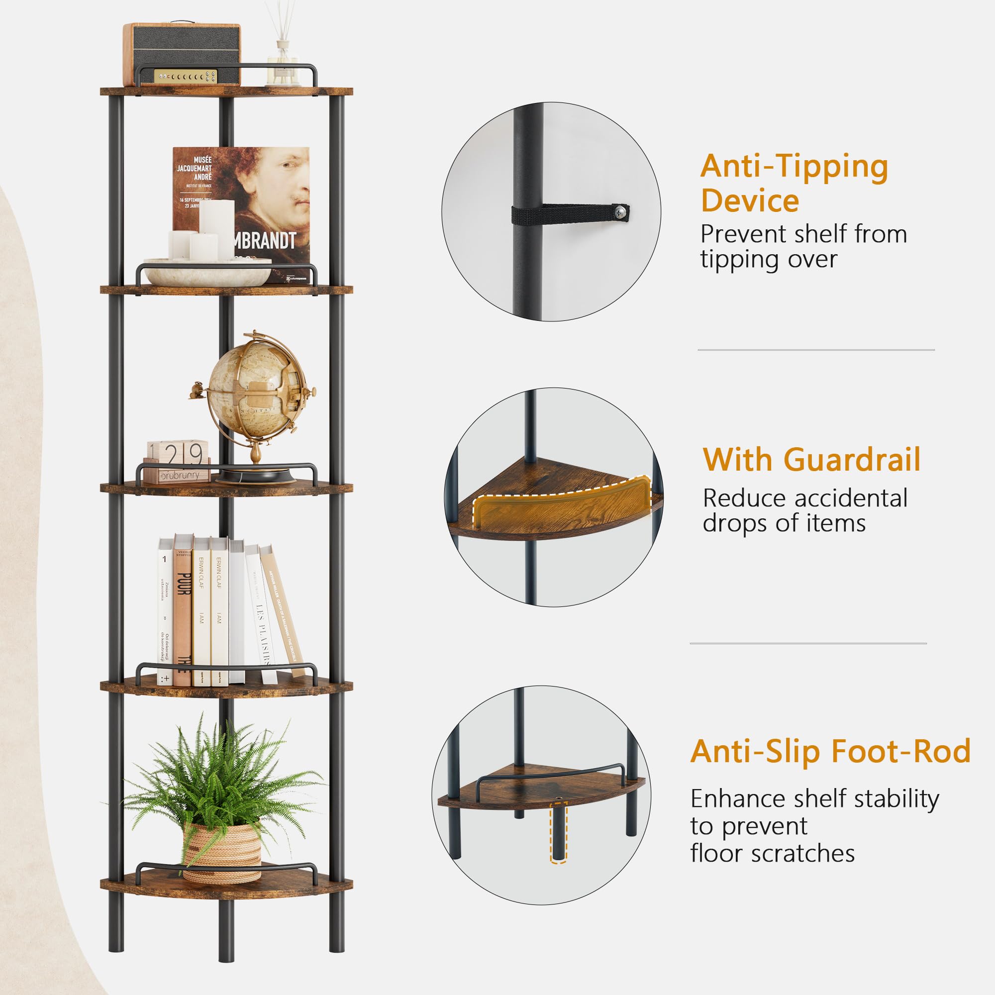 Gewudraw Corner Shelf Stand, 5 Tier Corner Bookshelf with Guardrail, Tall Corner Bathroom Shelves Black Corner Shelving Unit for Bedroom, Bathroom, Small Space-Black