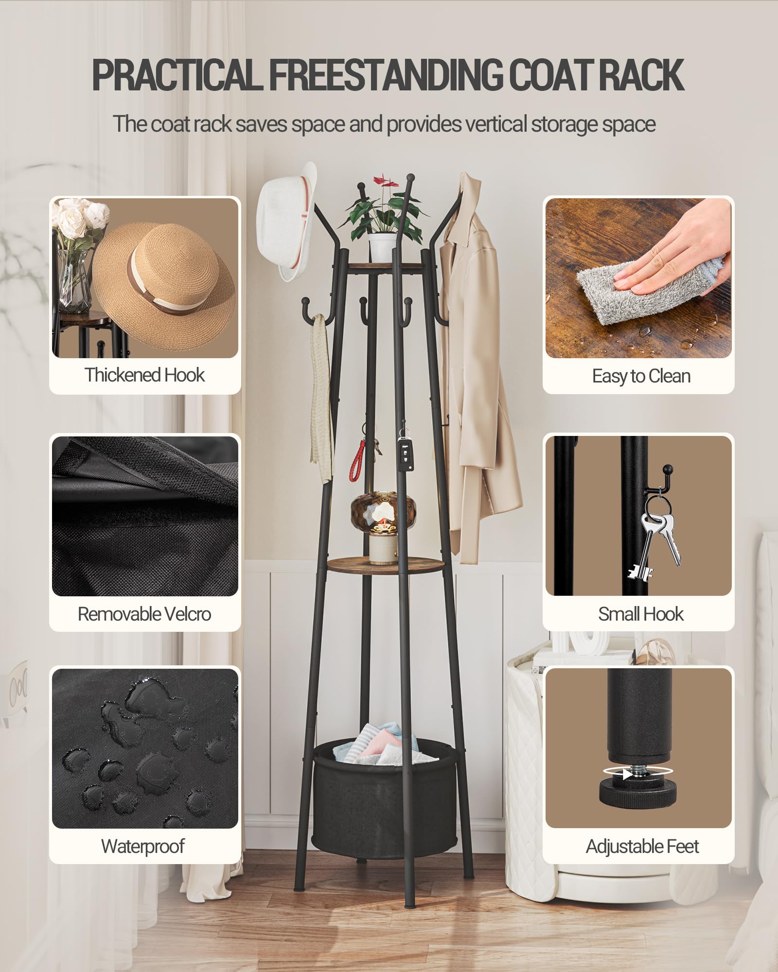 Hzuaneri Coat Rack Freestanding, Coat Rack Stand with 12 Hooks, Coat Tree, Coat Racks Coat Hanger Stand with 2 Shelves and Storage Basket, Hall Tree for Entrance, Hallway, Black CR24701B