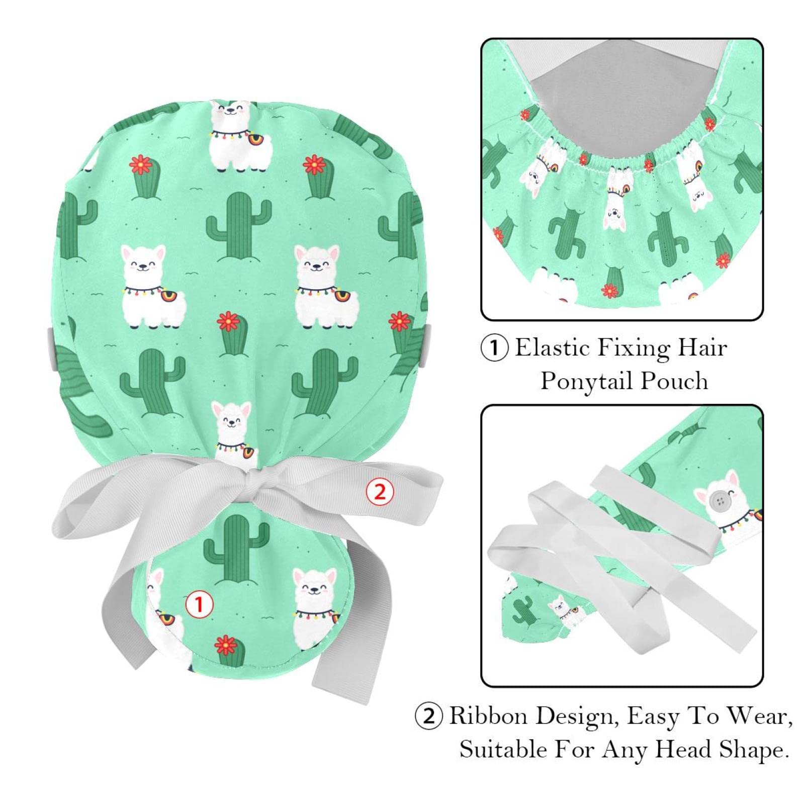 Cute Llama Alpaca Cactus Flower Working Caps with Buttons & Sweatband, Adjustable Scrub Hats for Women, Multicolor